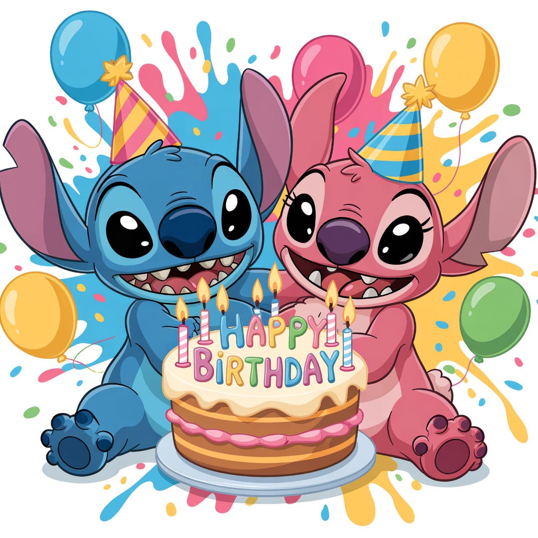 Stitch & Angel 2e verjaardag png – stripfiguren met taart, clipart ...