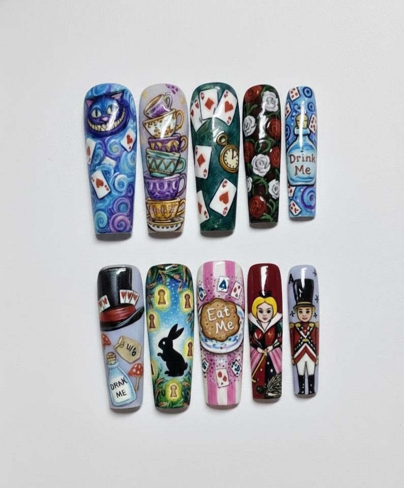 Alice in Wonderland Press on Nails | Cheshire Cat and Mad Hatter Tea ...