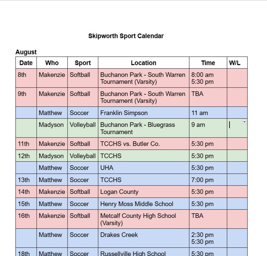 Color-coded Family Schedule Template | Editable Google Doc | Organize ...