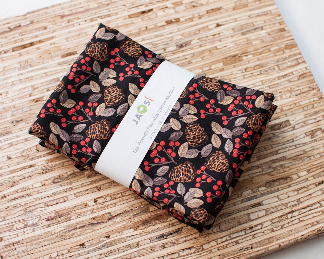 Large Cloth Napkins Set of 4 N6289 Pinecone Berries Black Modern ...