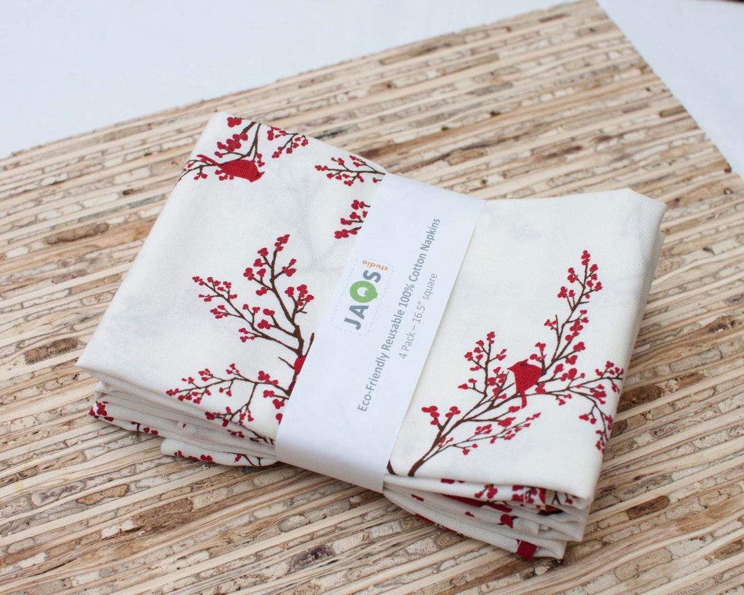 Eco-friendly Large Cloth Napkins - Birds Branch Winter White Set of 4 ...