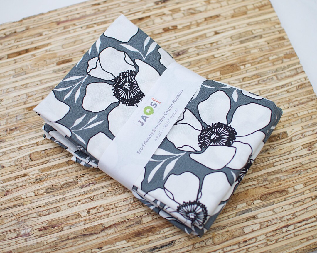 Large Cloth Napkins - Set of 4 - (ND608) - White Blooms on Graphite ...