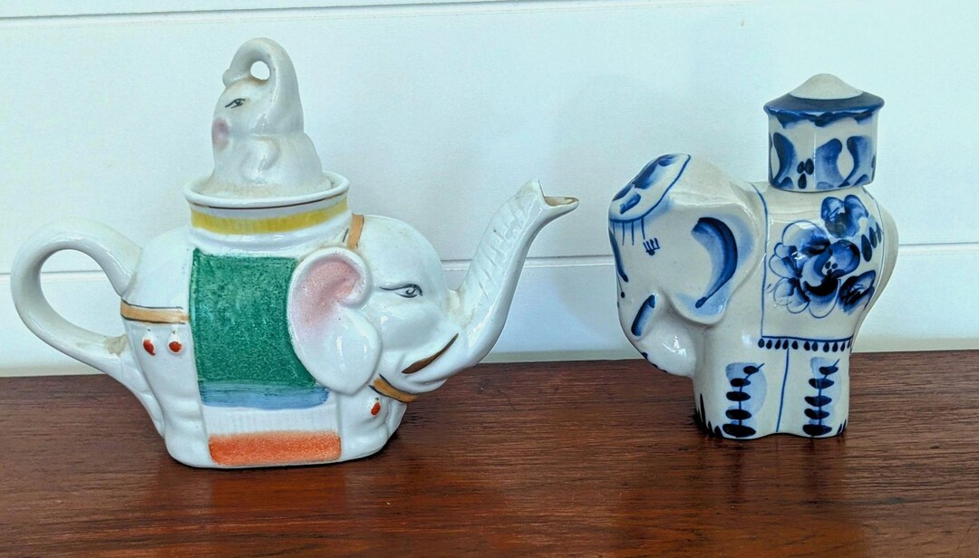 Pair of Vintage Hand-painted Porcelain Elephant Teapots – Colorful ...