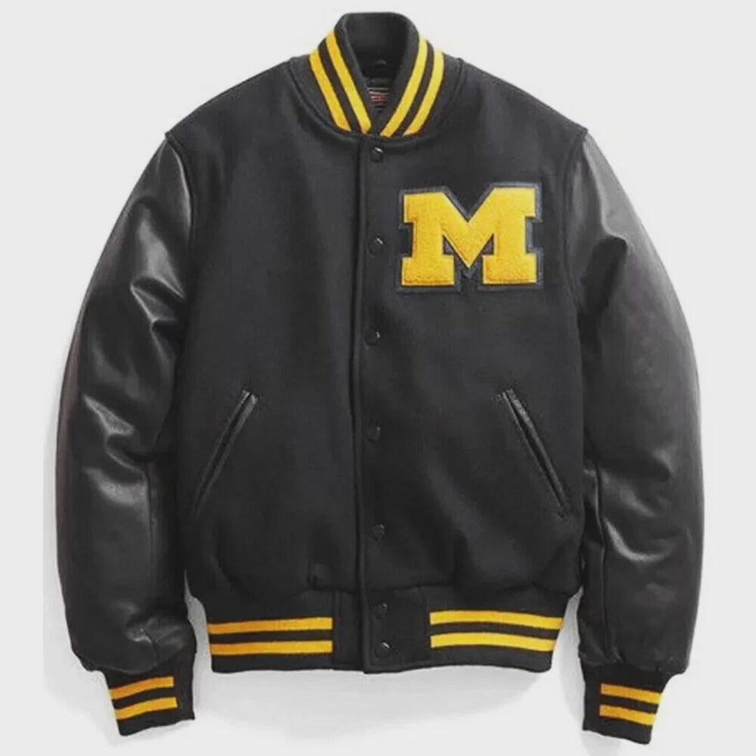Black Wool Varsity Jacket Michigan M Patch, Leather Sleeves - Etsy