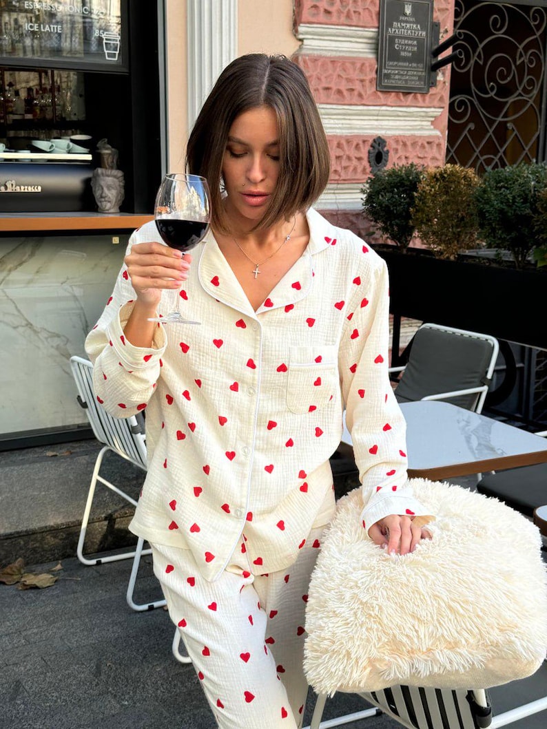 Muslin Pajama Set for Women With Red Hearts, Cotton Gauze Pajamas, Soft ...