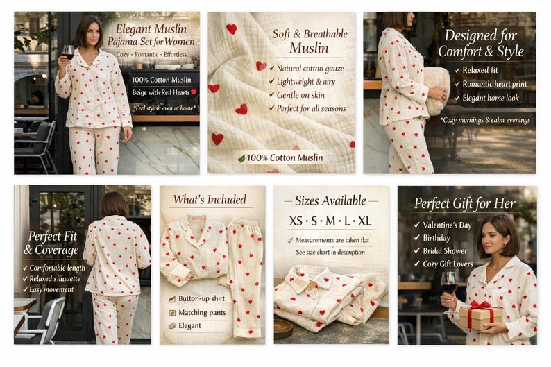 Muslin Pajama Set for Women With Red Hearts, Cotton Gauze Pajamas, Soft ...