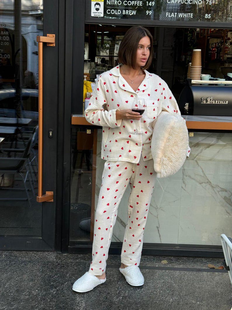 Muslin Pajama Set for Women With Red Hearts, Cotton Gauze Pajamas, Soft ...