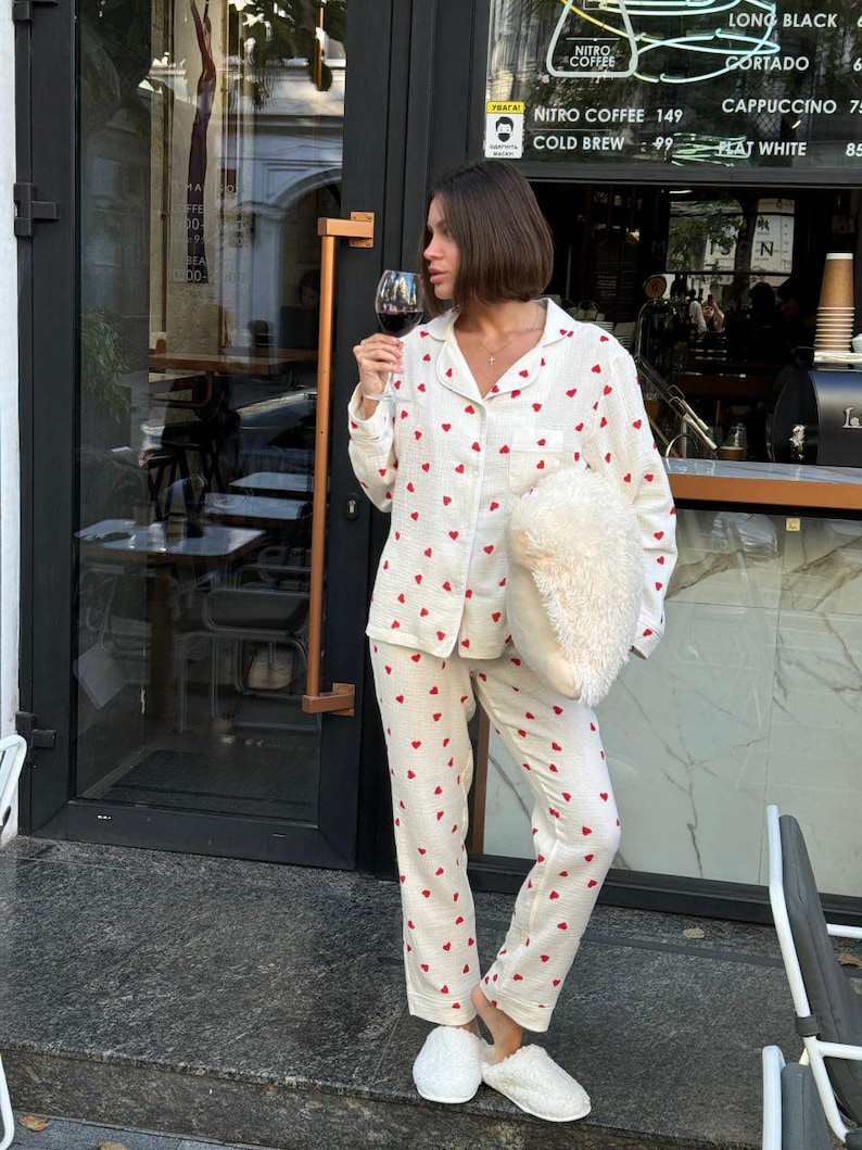 Muslin Pajama Set for Women With Red Hearts, Cotton Gauze Pajamas, Soft ...
