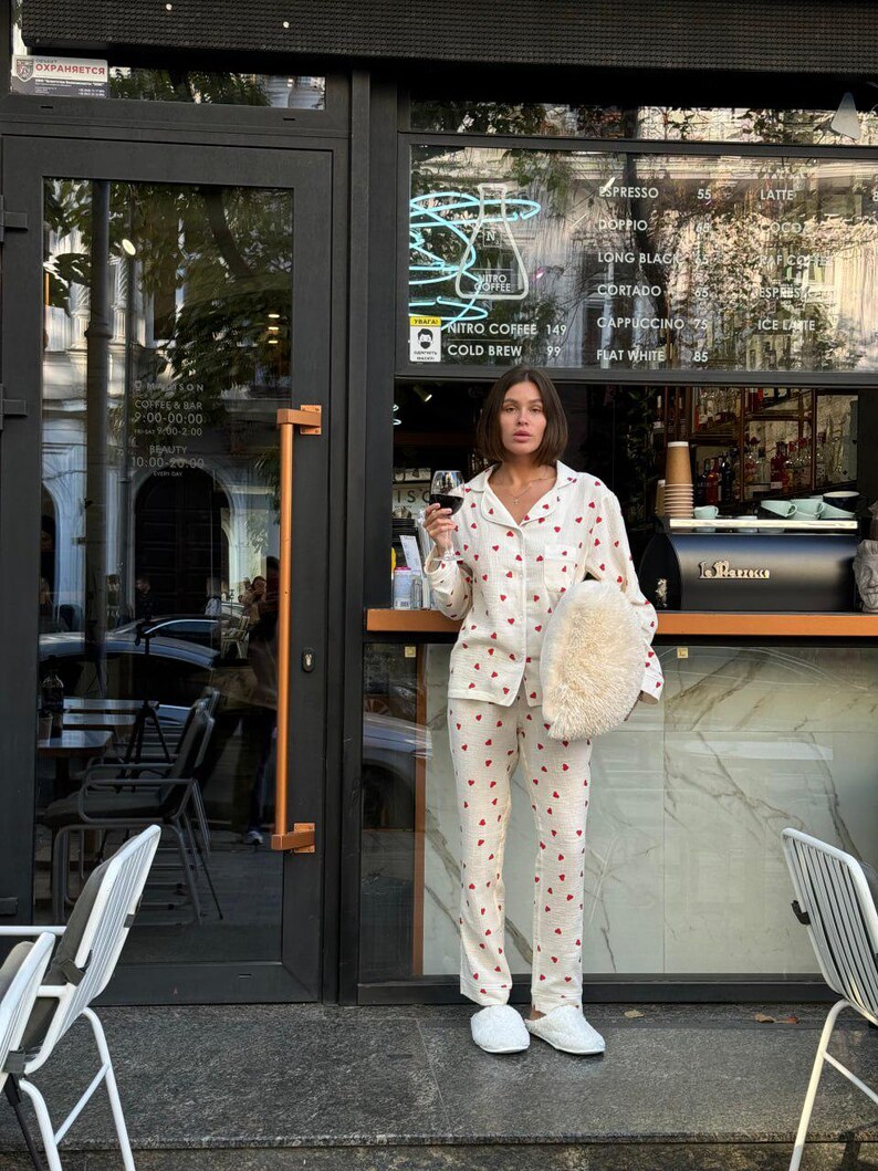 Muslin Pajama Set for Women With Red Hearts, Cotton Gauze Pajamas, Soft ...