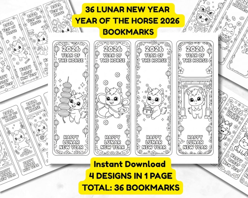 Lunar New Year 2026 Year of the Horse Coloring Bookmarks Chinese Zodiac ...