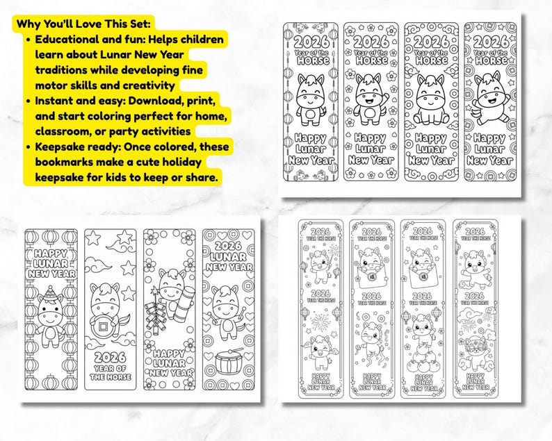 Lunar New Year 2026 Year of the Horse Coloring Bookmarks Chinese Zodiac ...