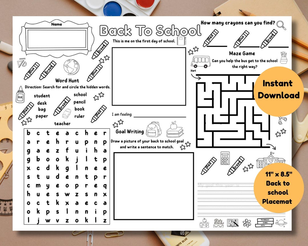Printable Back to School Activity Placemat: First Day Fun (PDF Download ...