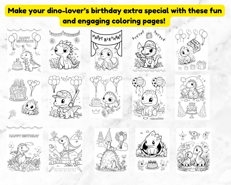 Dinosaur Birthday Coloring Pages: Kids Party Activity (printable PDF ...