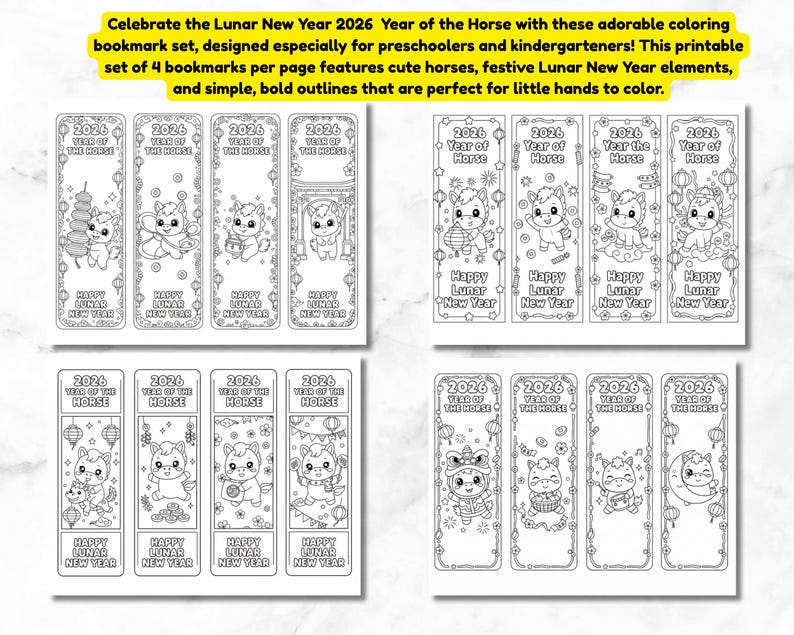 Lunar New Year 2026 Year of the Horse Coloring Bookmarks Chinese Zodiac ...