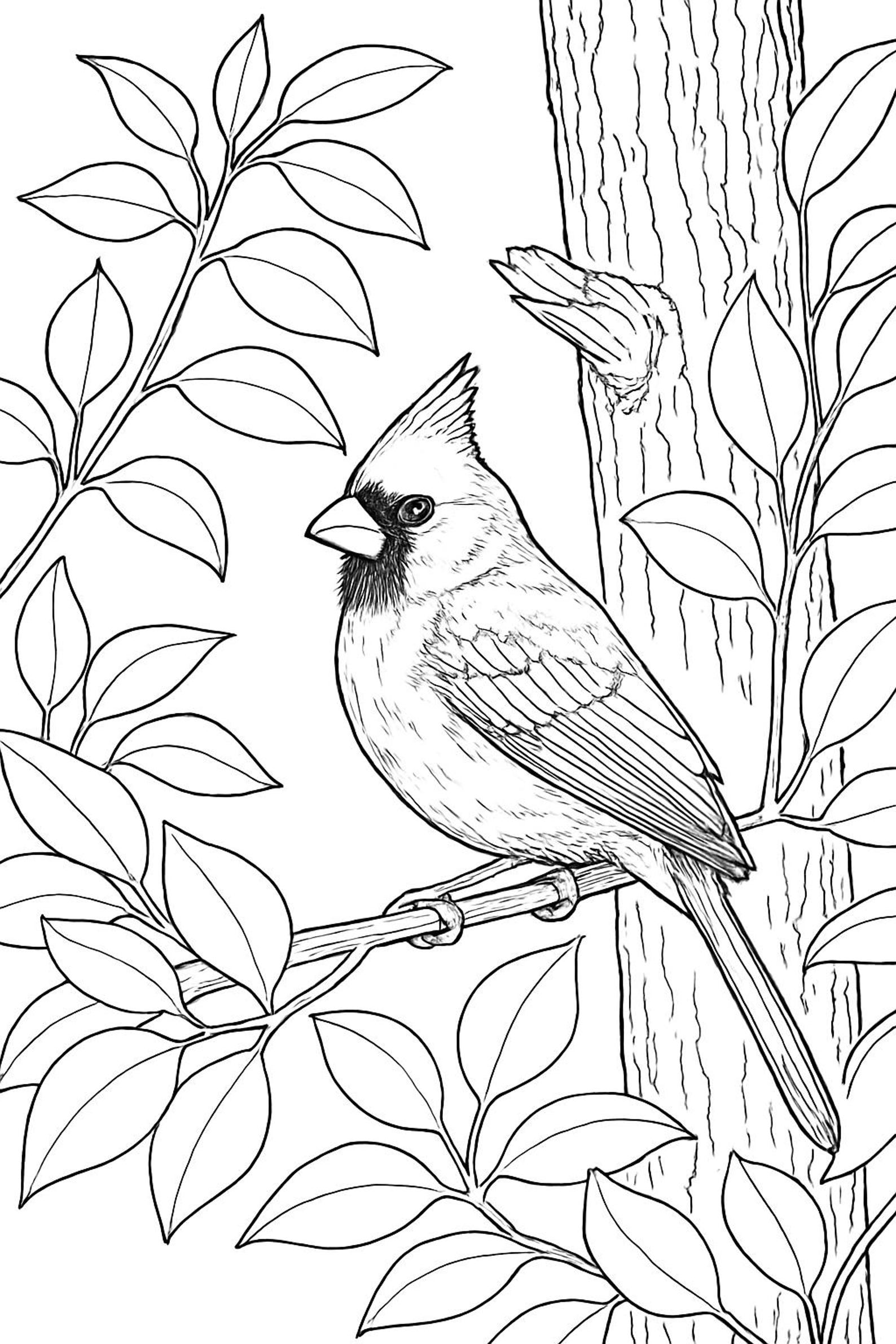 Printable Cardinal Coloring Page – Detailed Bird Line Art for Adults ...