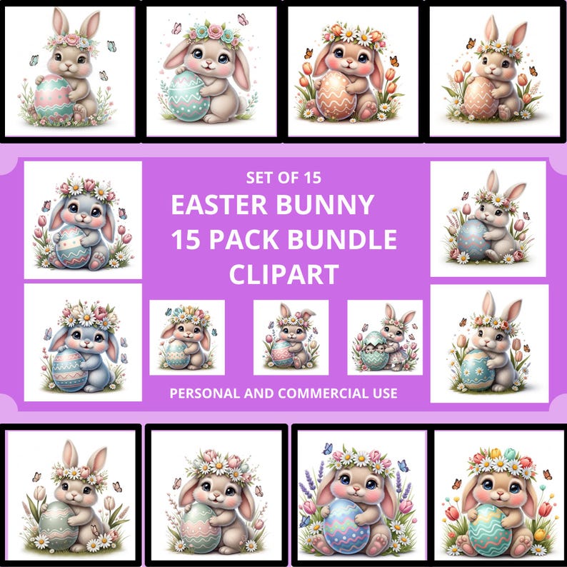 Easter Bunny Clipart Bundle | Whimsical Spring Floral Designs (digital ...