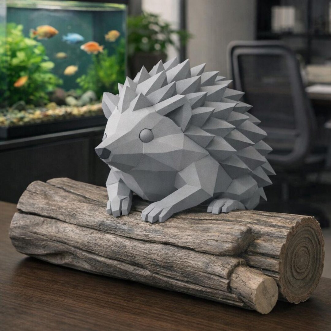 3D Printed Hedgehog on Log Statue | Low Poly Woodland Decor (digital ...