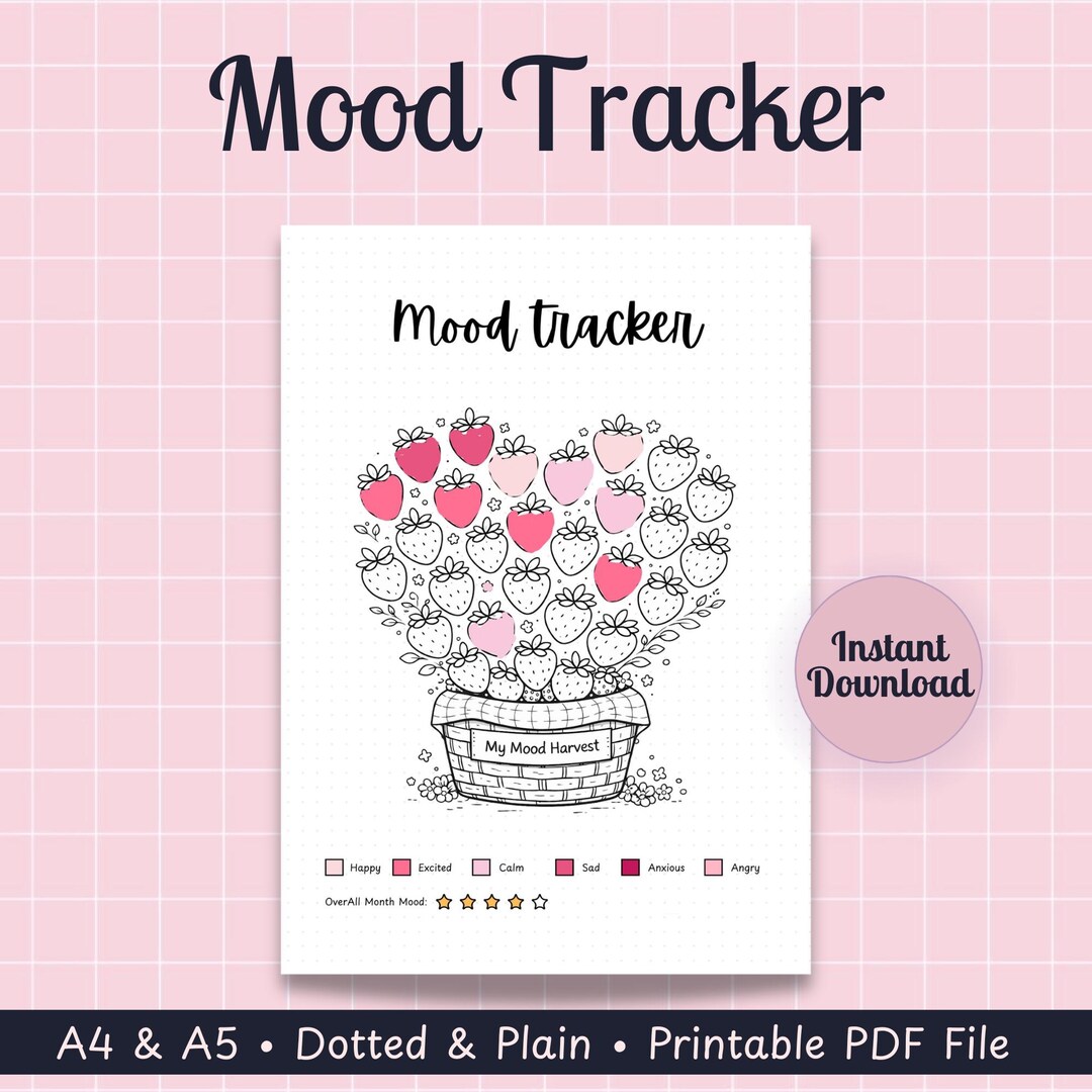 Pink Strawberry Mood Journal Tracker: Printable Monthly Fruit Mood ...