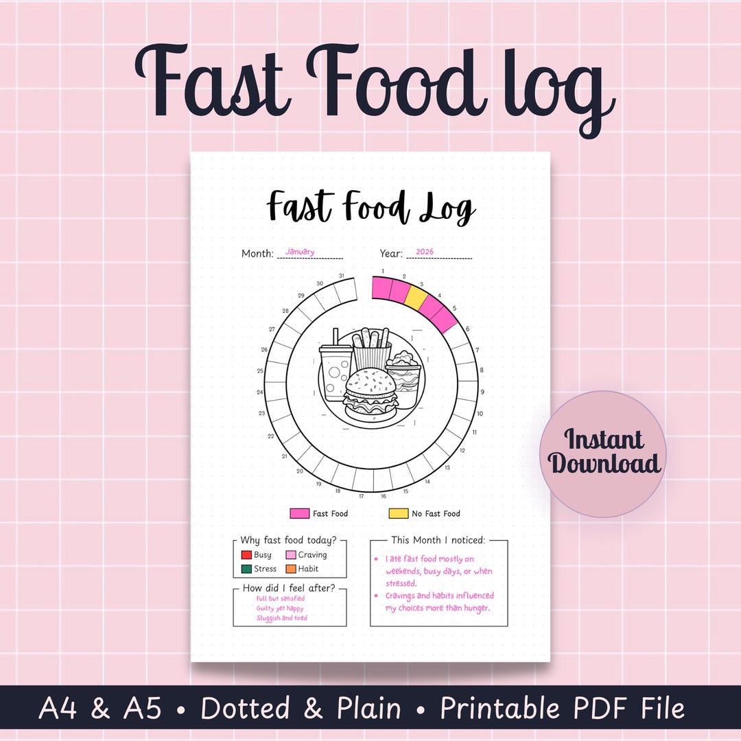Fast Food Log Printable Journal: Food Diary, Eating Tracker, Takeout ...