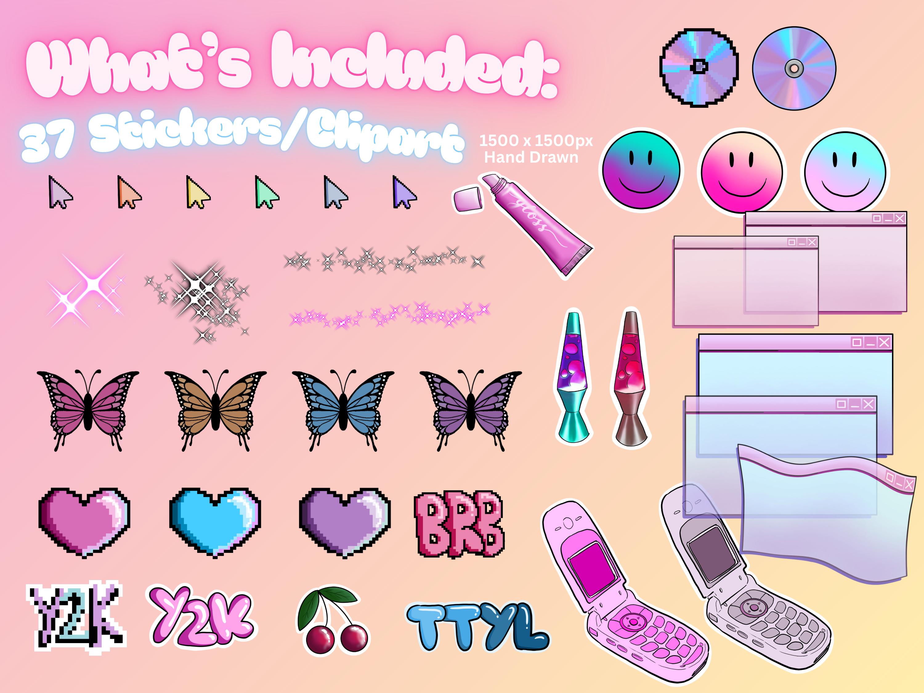 35+ Y2K Aesthetic Digital Stickers Hand Drawn Clipart PNG Stickers ...