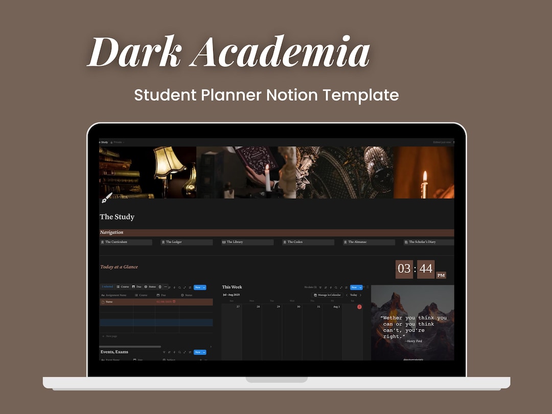 Dark Academia Notion Academic Planner | Student Dashboard, Course ...
