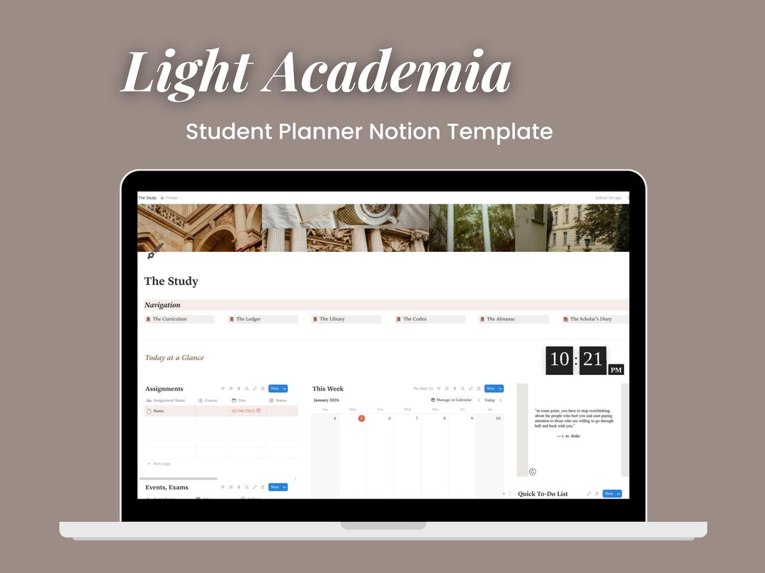 Light Academia Notion Academic Planner | Student Dashboard, Course ...