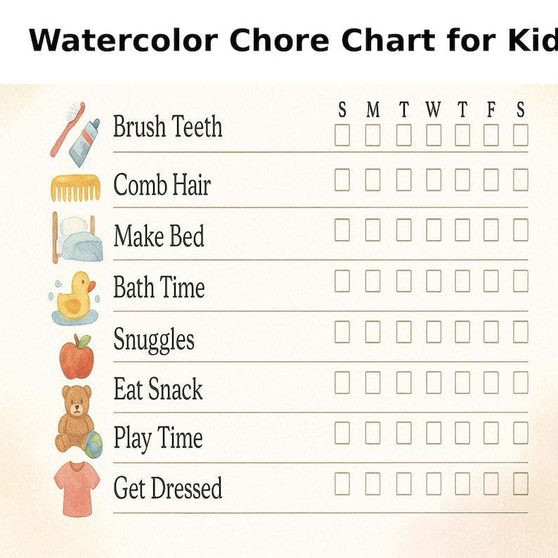 Printable Watercolor Chore Chart for Kids | Picture Chart for Toddlers ...