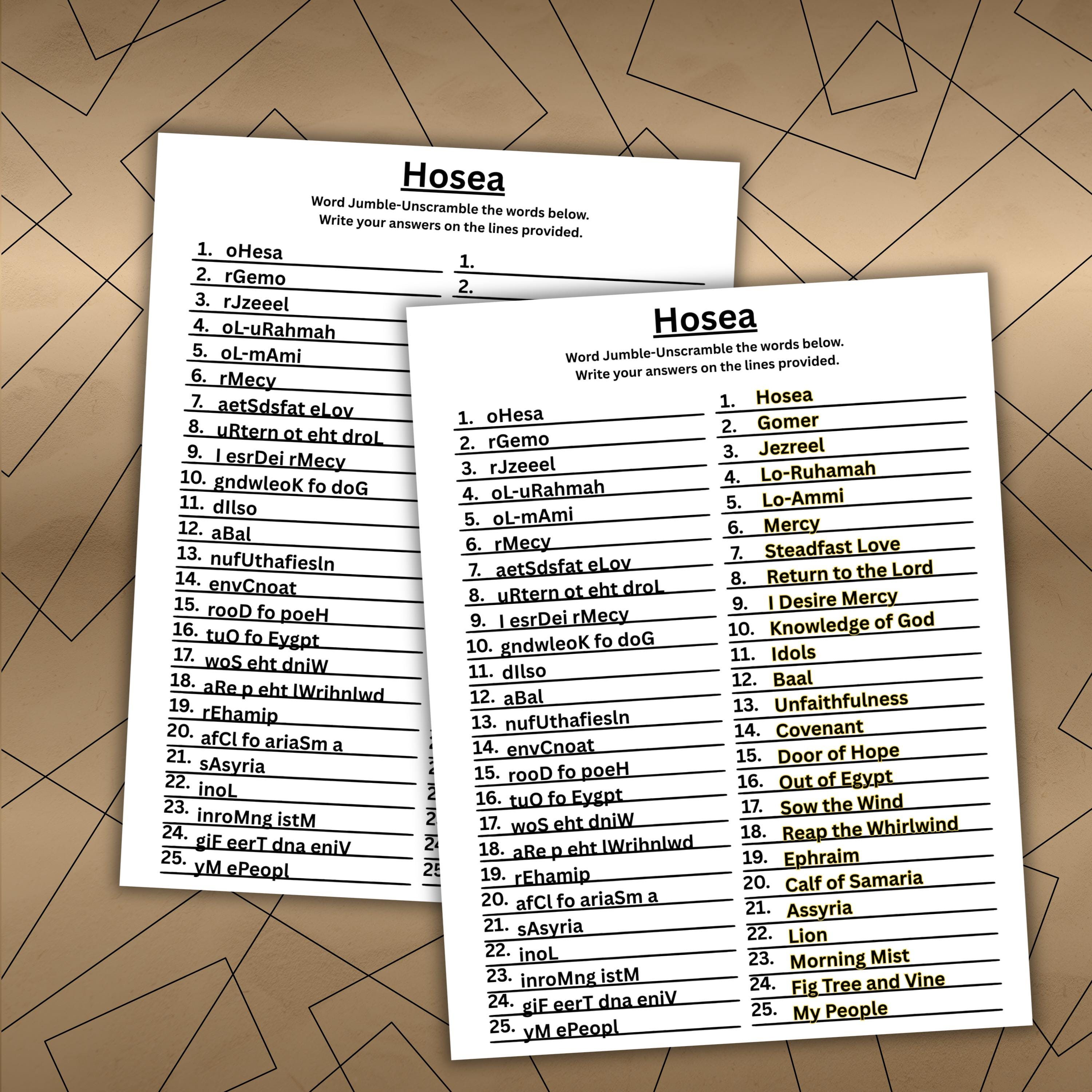 Hosea Bible Activities: Crossword, Word Search, and Word Scramble ...