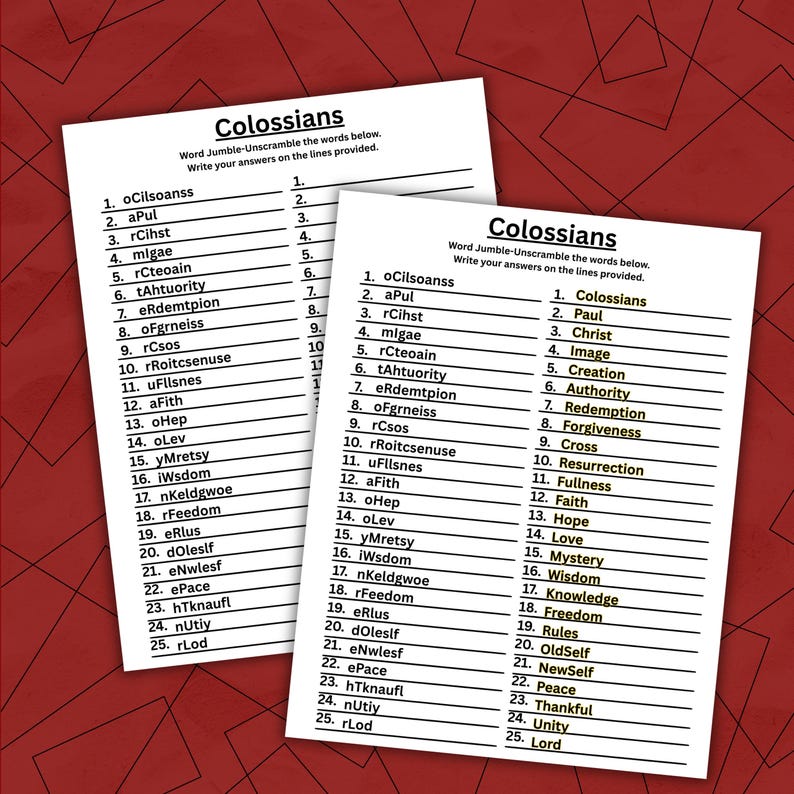 Colossians Bible Activities: Crossword, Word Search, and Word Scramble ...