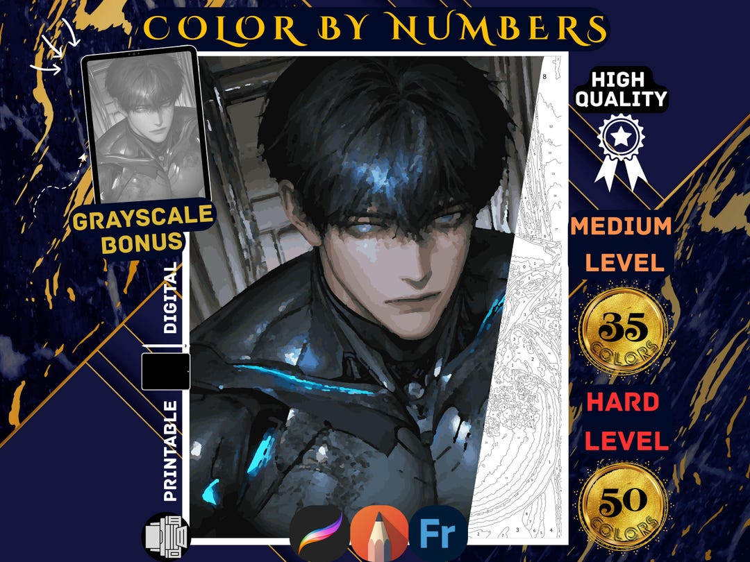 Semi-realistic Anime Manhwa Boy #12 Color by Numbers Digital Coloring ...