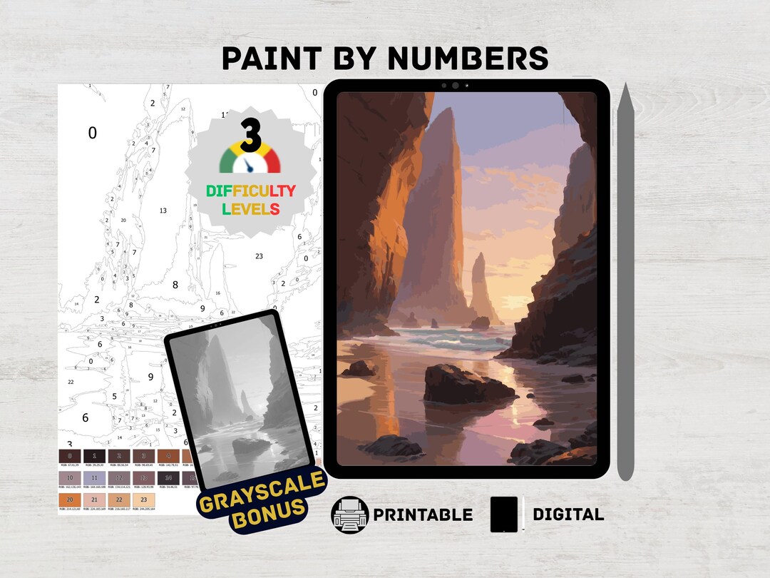 Seaside Cliff – Coastal Sunset Landscape Paint by Numbers Digital Kit ...