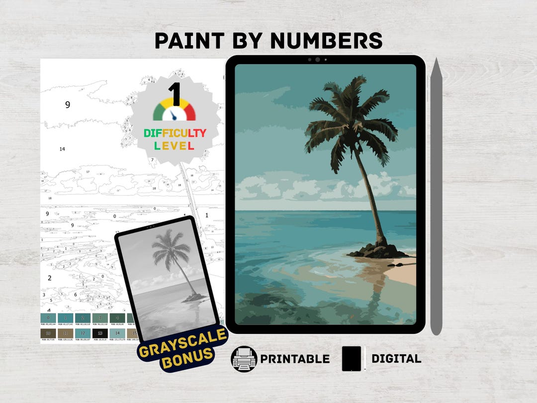 Tropical Palm Beach – Ocean Paradise Paint by Numbers Digital Kit for ...
