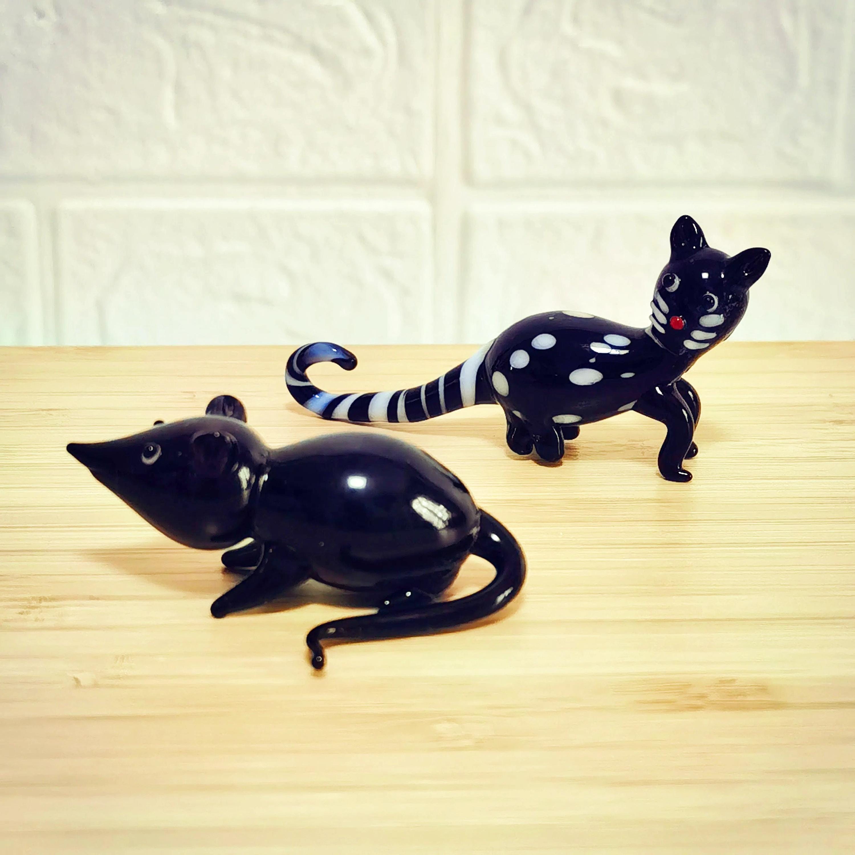 Handmade Glass Black Cat & Mouse Figurines: Miniature Animal Figurines ...