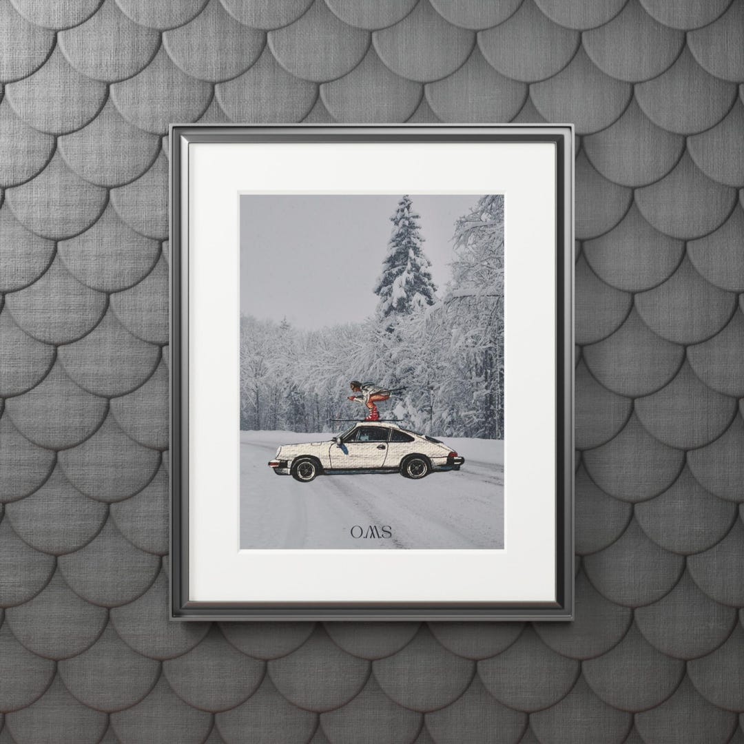 Woman on Vintage Porsche in Snow Fine Art Print | Passepartout Matte ...
