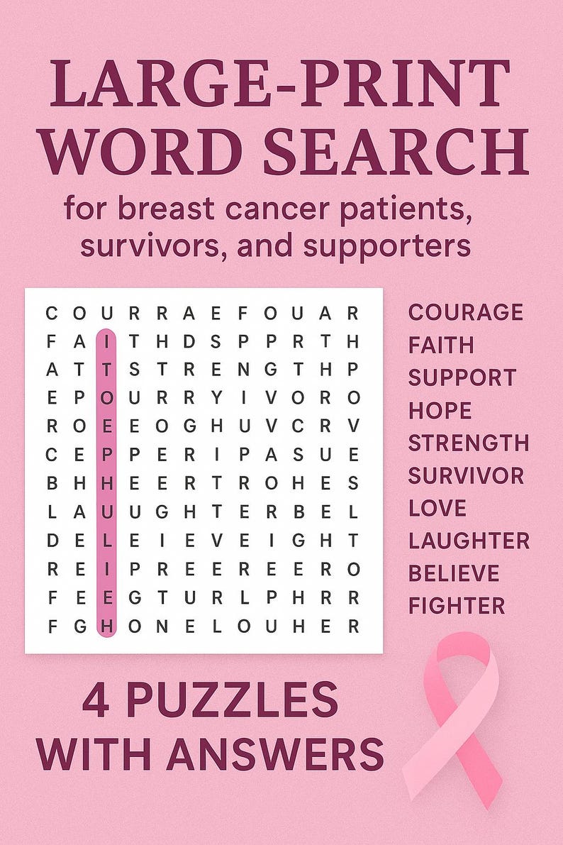 Breast Cancer Word Search Book: Uplifting Puzzles (PDF Download) - Etsy