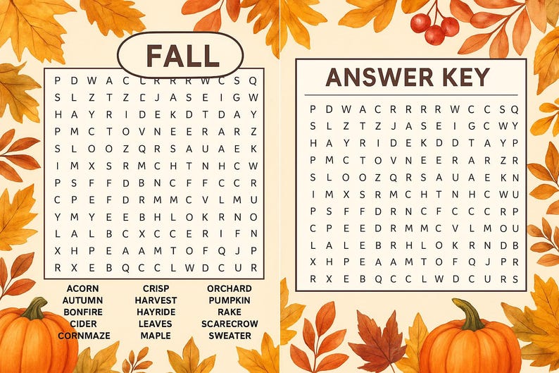 Fall Word Search Printable | Autumn Activity | Thanksgiving Word Game ...