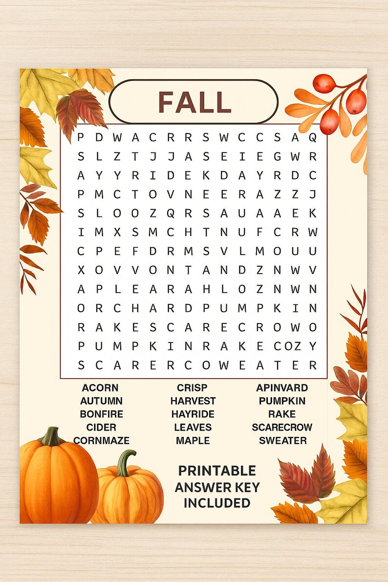 Fall Word Search Printable | Autumn Activity | Thanksgiving Word Game ...