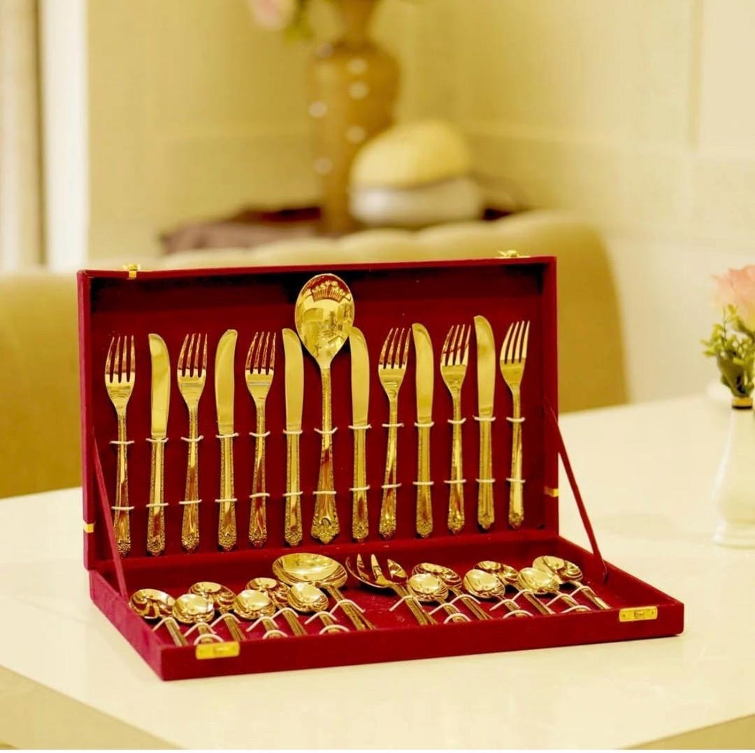 Handmade Brass Royal Cutlery Set 27 Piece Solid Brass Flatware Set ...