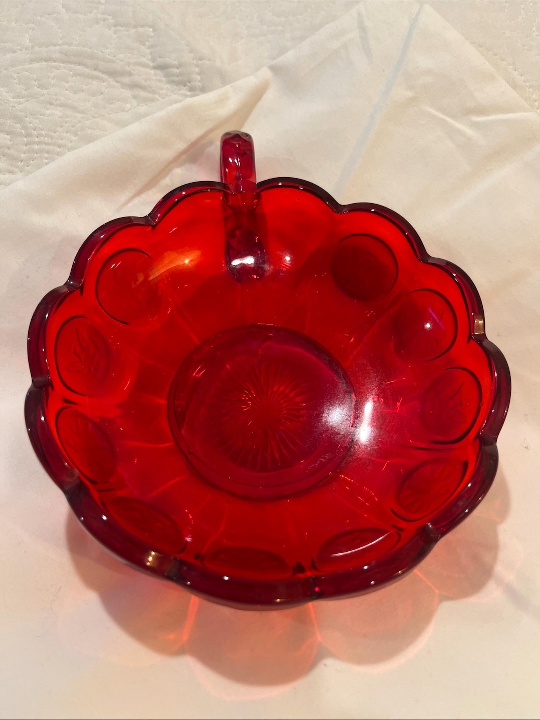 Fostoria Ruby Red Coin Glass Handled Nappy Bowl Vintage Scalloped Candy ...