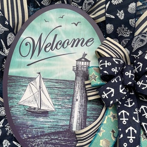 Nautical Welcome Wreath Lighthouse and Sailboat Themesailing Nautical ...