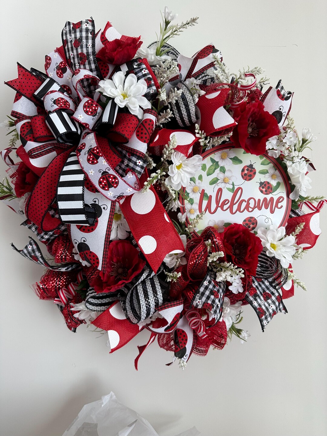 Ladybug Welcome Wreath Red & Black Polka Dot Front Door Decor Summer ...