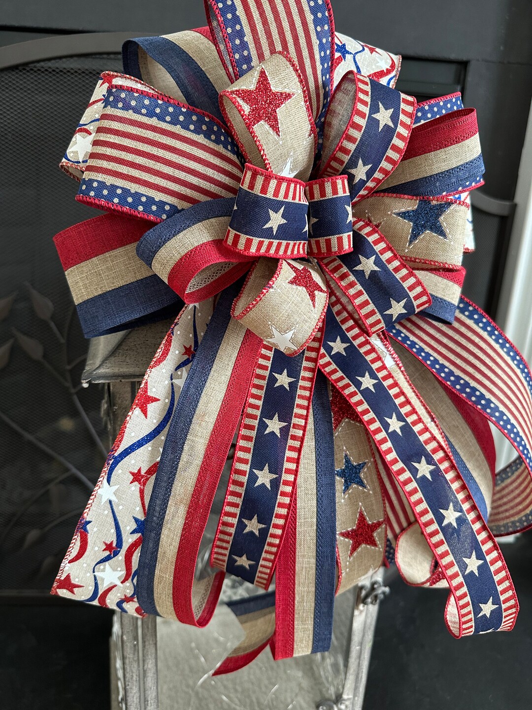 Large Rustic Patriotic Bow, Red, White and Blue Bow, Wreath Bow, Swag ...
