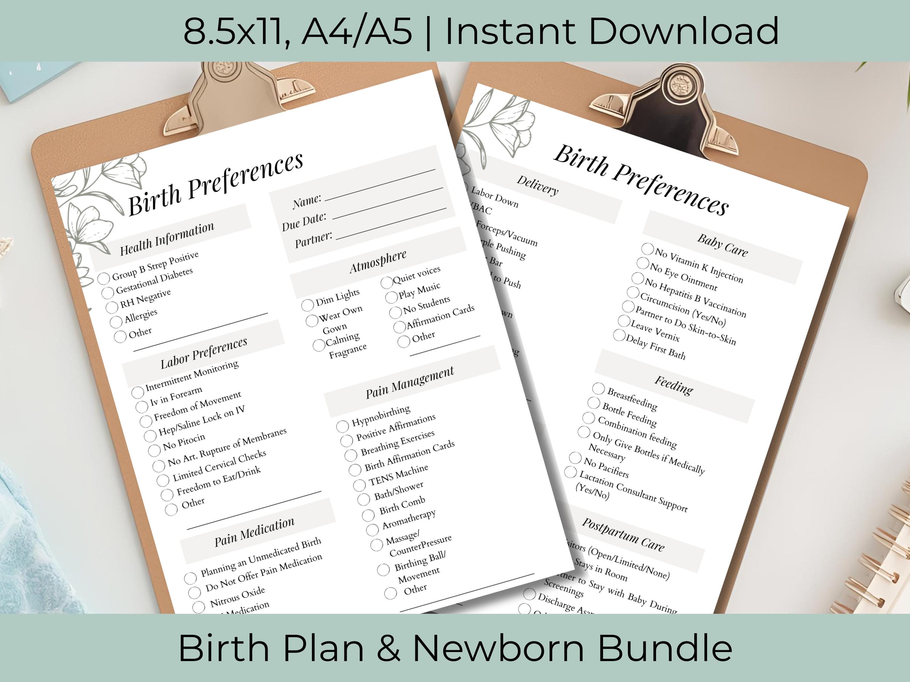 Printable Birth Plan and Newborn Care Bundle | Birth Preferences ...