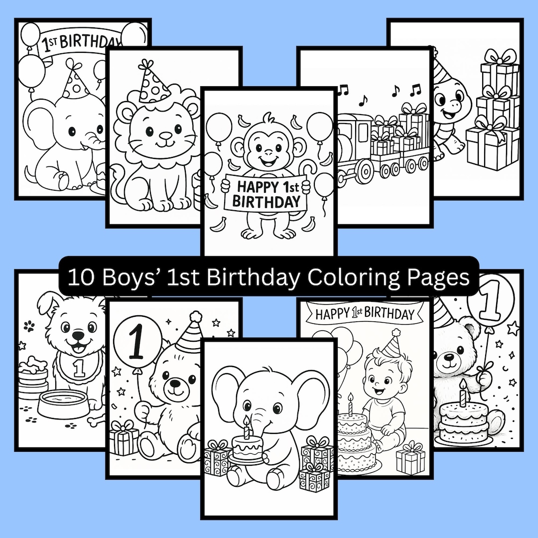 10 Boys’ 1st Birthday Coloring Pages | Printable PDF, Instant Download ...