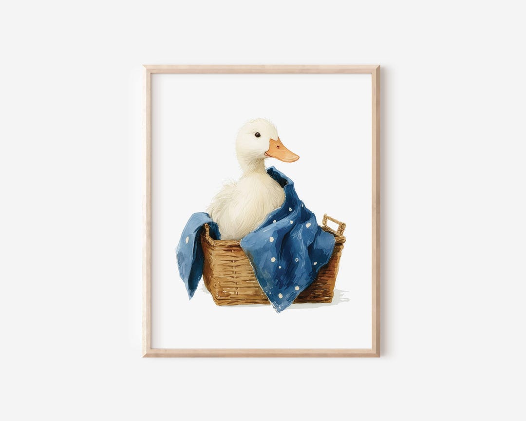 Cute Cozy Duck in Basket Wall Art | Watercolor Farm Animal Print for ...