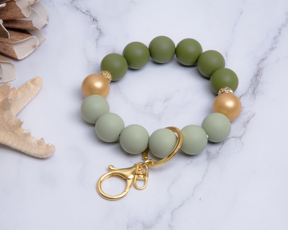 Green Beaded Bracelet Keychain | Silicone Wristlet - Etsy