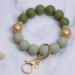 Green and Gold Bracelet Keychain | Dark Green Beaded Wristlet Keychain ...