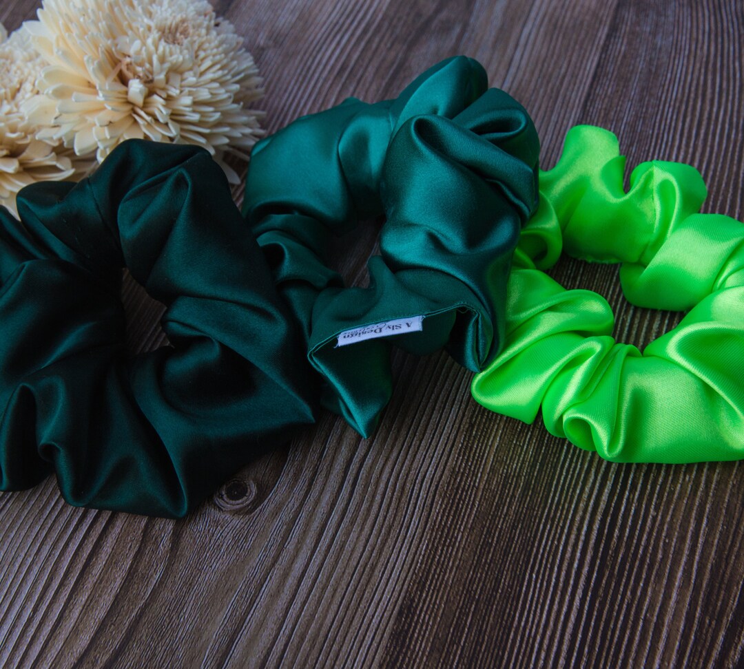 GREEN SATIN Scrunchies | EMERALD, Evergreen and Neon Green Scrunchies ...