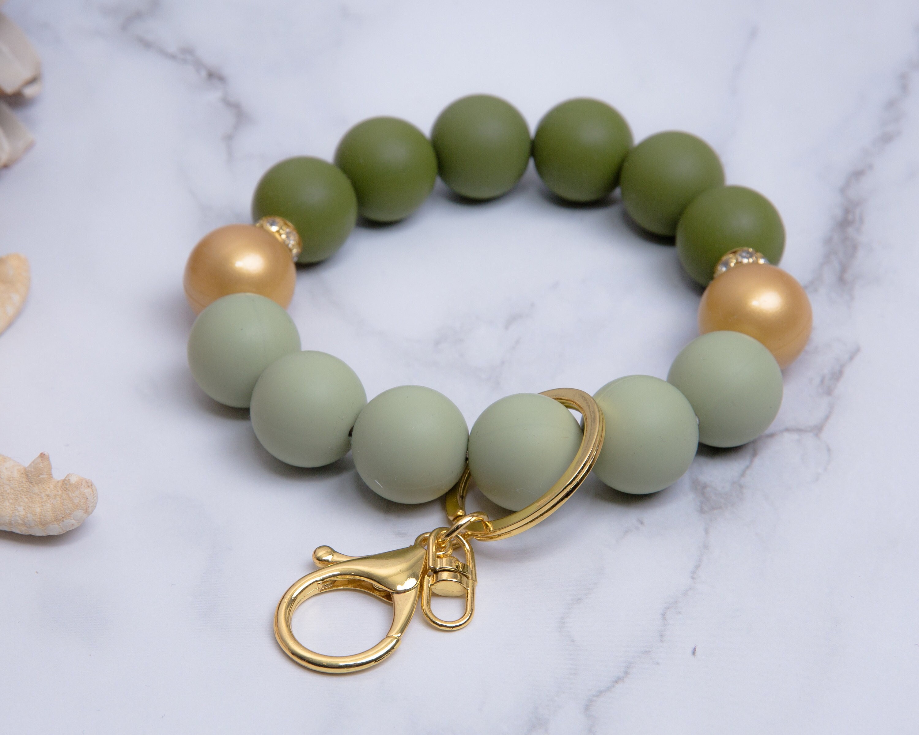Green Beaded Bracelet Keychain | Silicone Wristlet - Etsy