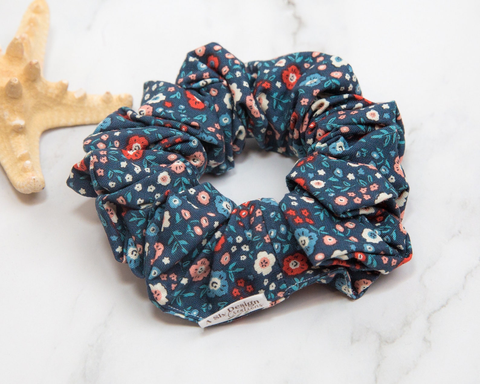 Navy Floral Scrunchies | Navy Blue Hair Tie With Flowers Design ...